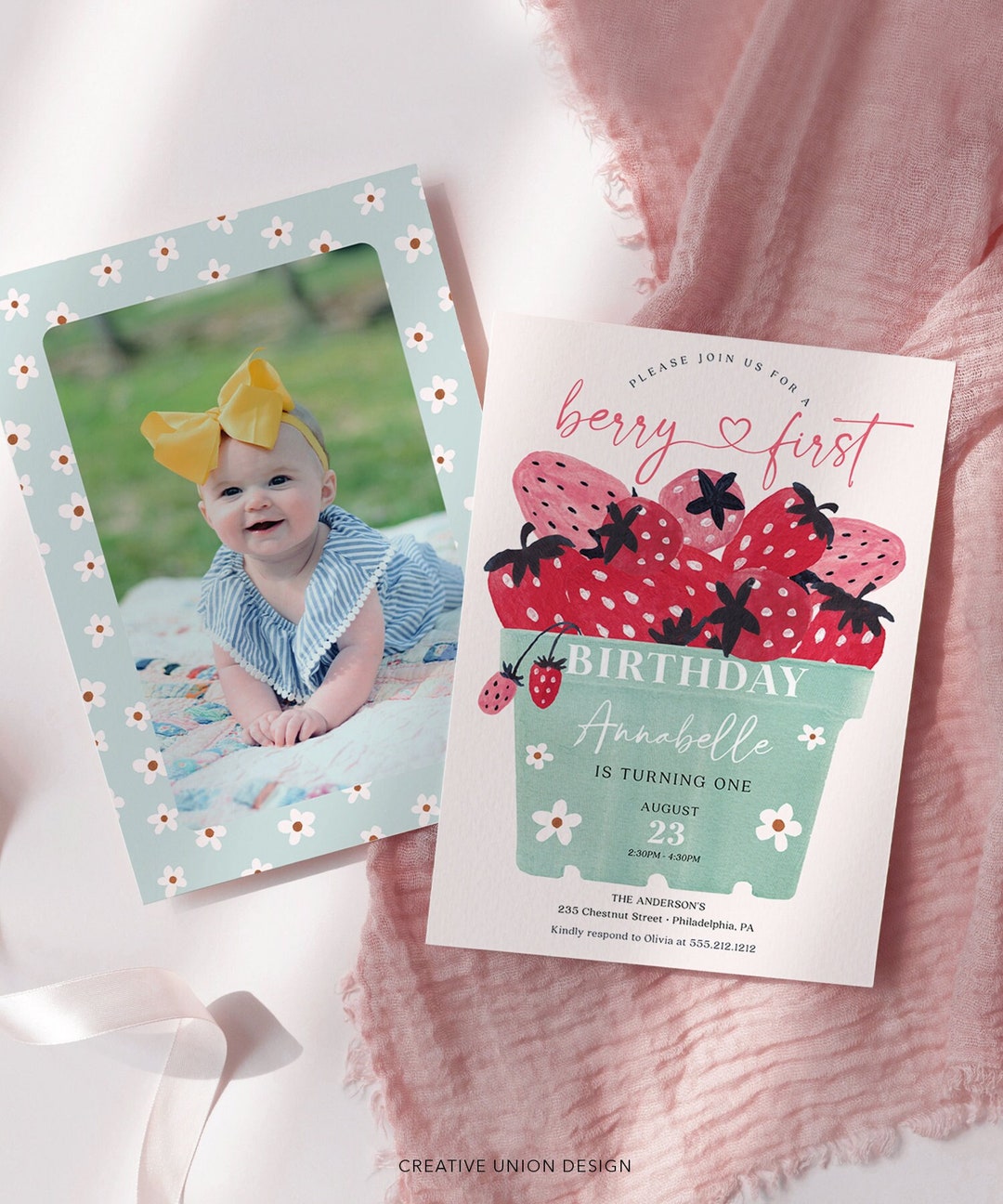Modern Berry First Birthday Invite Template, Strawberry 1st Birthday ...