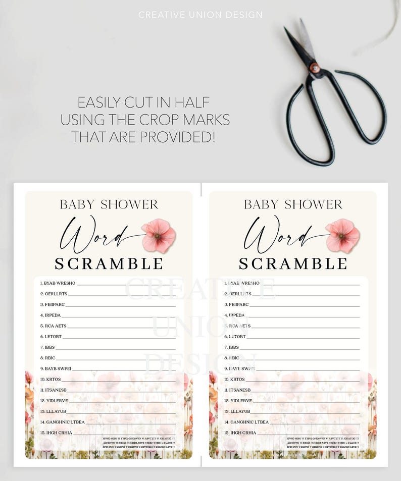 Wildflower Word Scramble, Baby Shower Game, Baby Shower Games, Baby ...