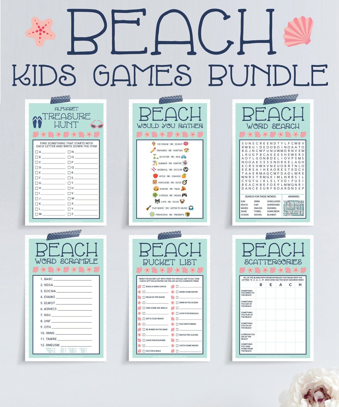 Printable Games Bundle, Activities for Kids, Beach, Printable Games for ...