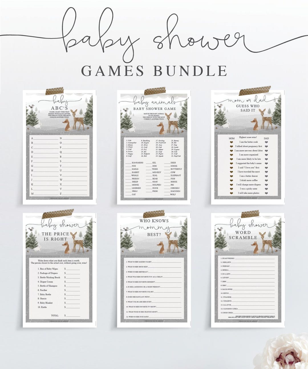 Winter Boho Woodland Baby Shower Games Bundle, Baby Shower Games ...