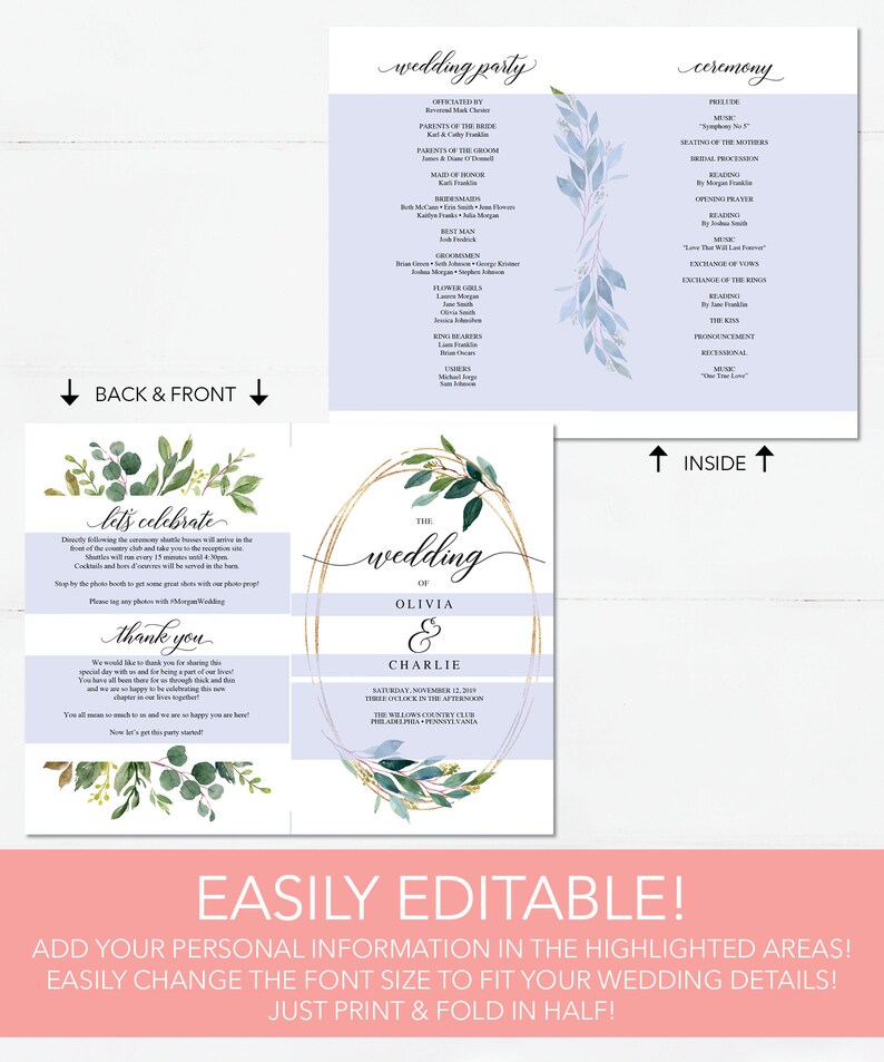 Folded Wedding Program Template Printable Greenery Wedding | Etsy