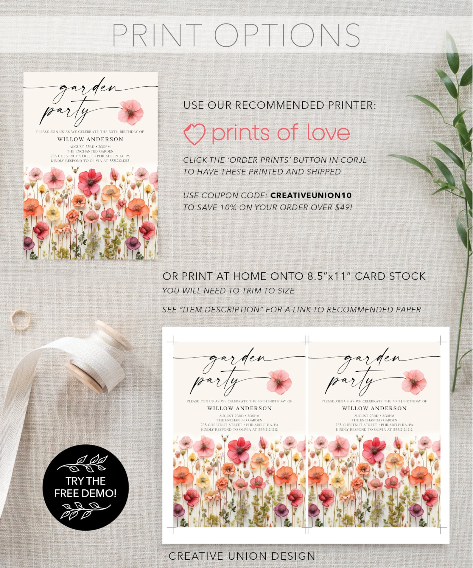 Garden Party, Wildflower Birthday Party Invite Template, Flower Stems ...