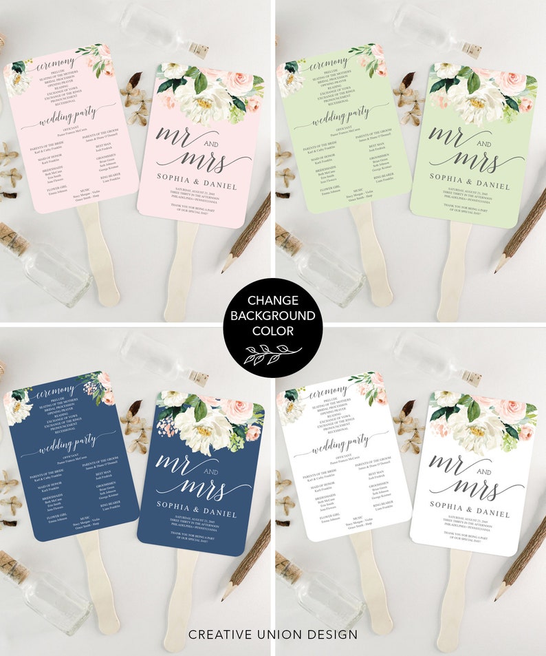 Floral Wedding Program Fan Printable Program Fan Template | Etsy
