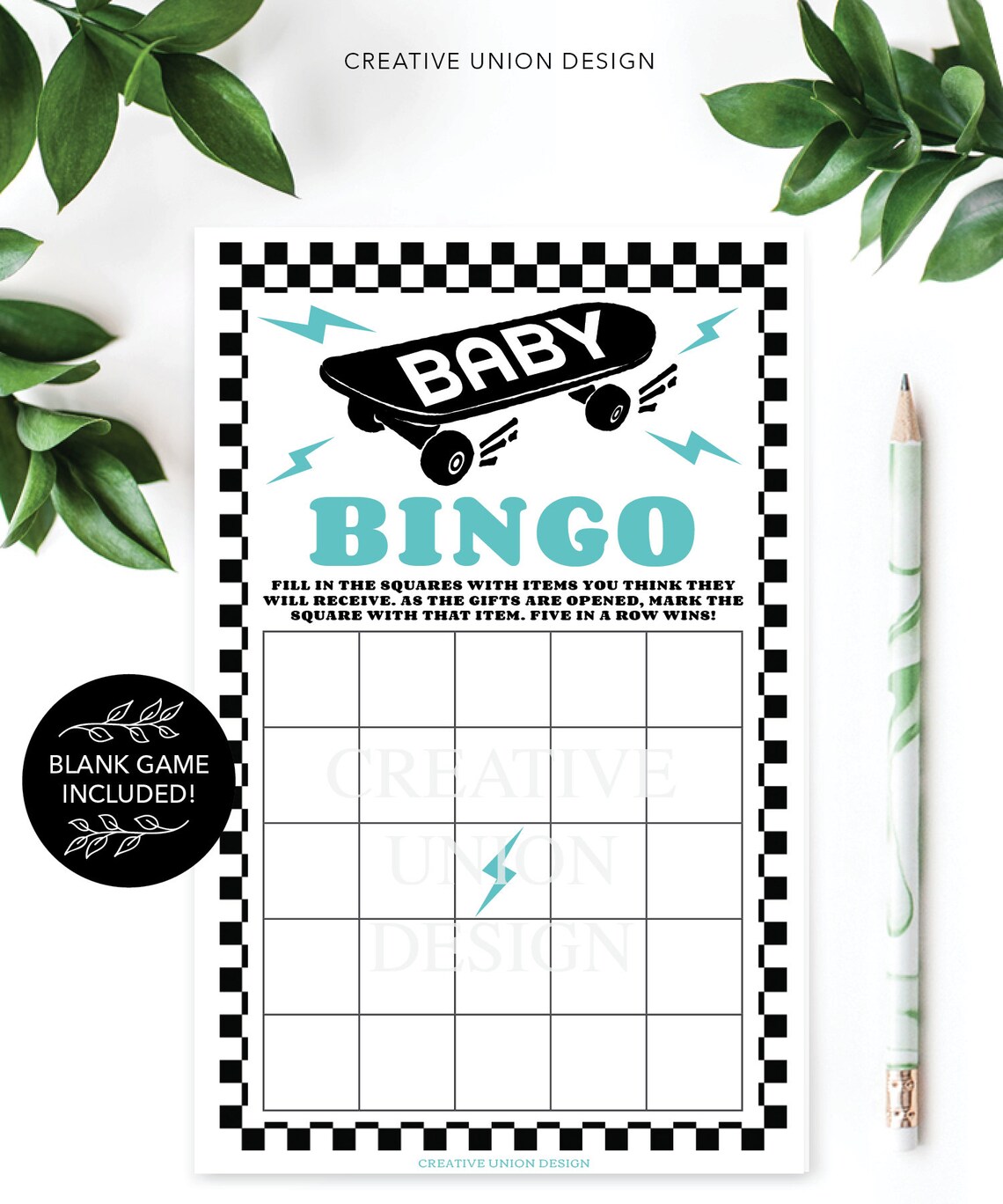 Skateboard Boy Baby Shower Bingo 60 Unique Game Sheets Blue Baby Shower ...