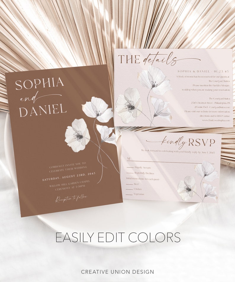 Neutral Minimal Boho Wedding Invitation Template Set, Botanical Floral ...