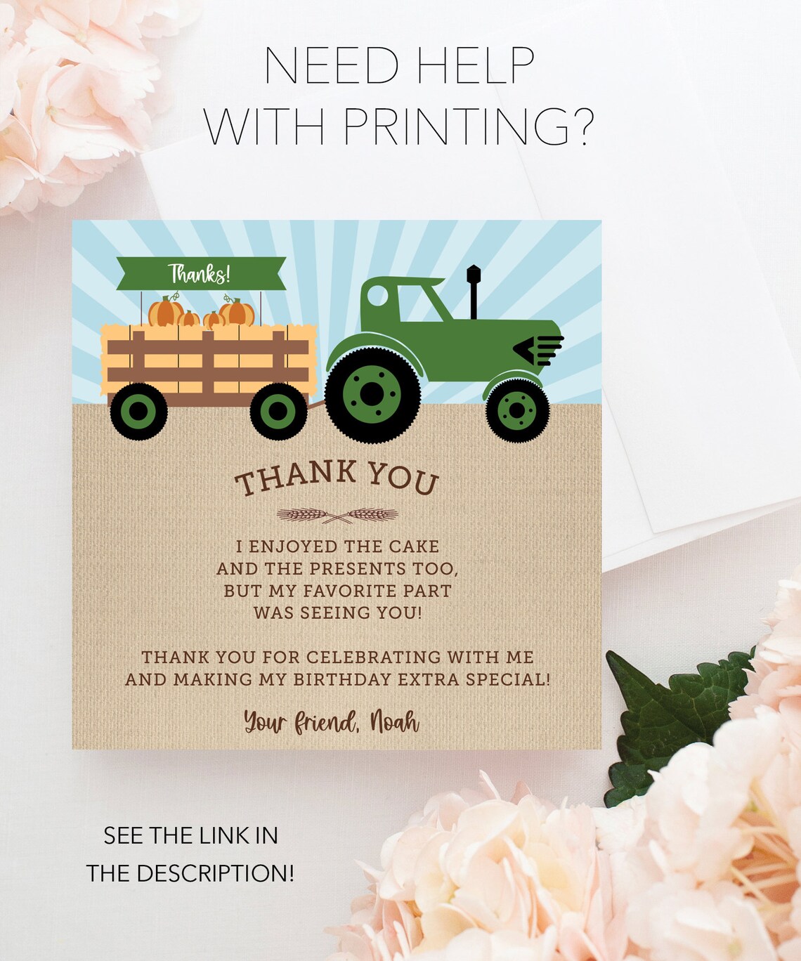 Editable Tractor Birthday Thank You Card Template Printable - Etsy
