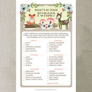 What's in Your Purse Baby Shower Game Woodland Game Fox and Deer Print ...