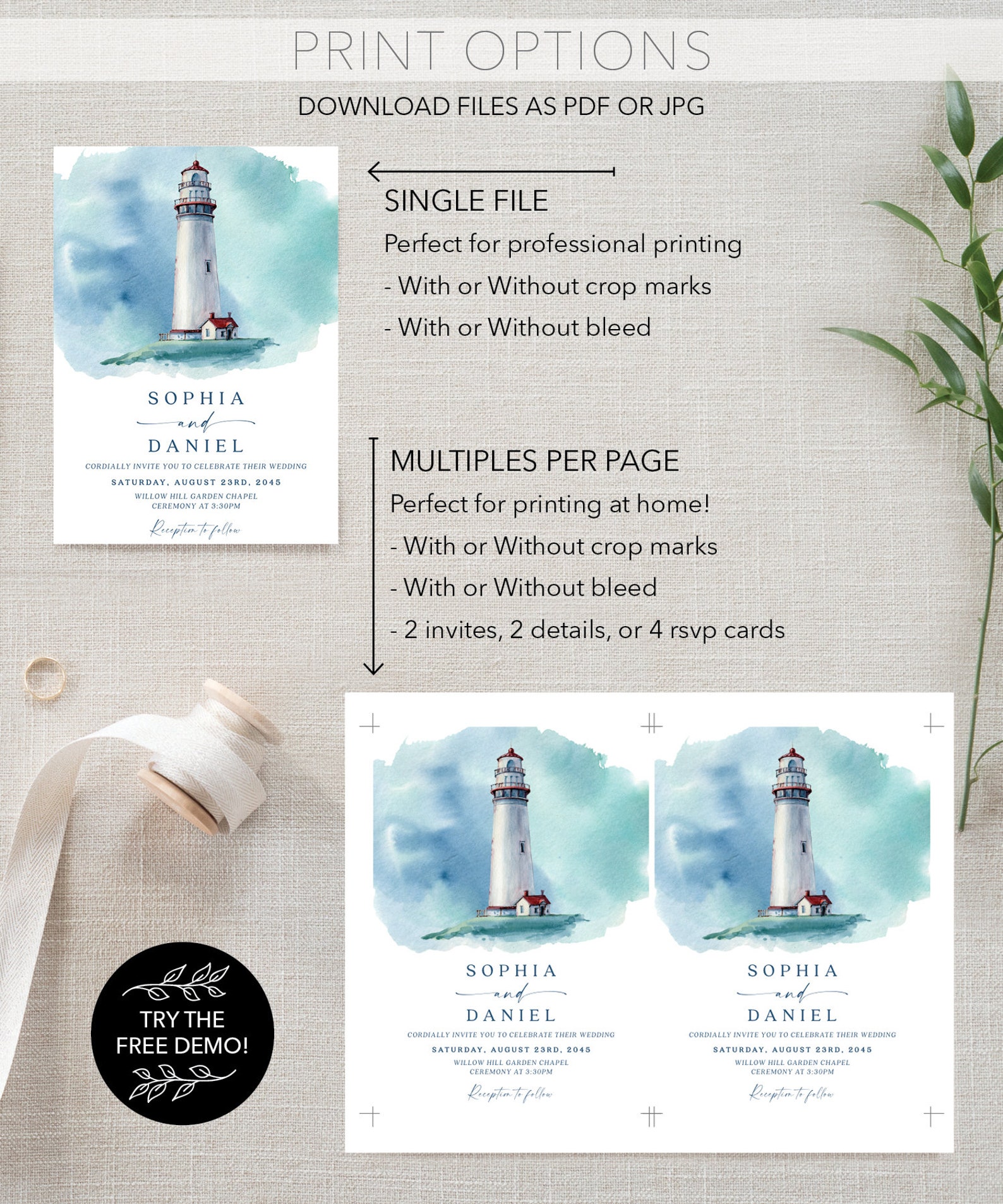 Lighthouse Wedding Invitations Template Printable Wedding - Etsy