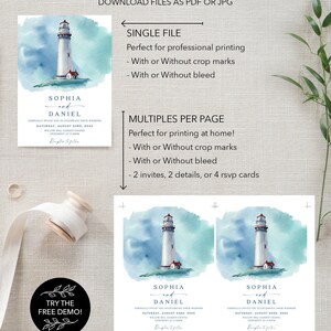 Lighthouse Wedding Invitations Template, Printable Wedding Invitation ...