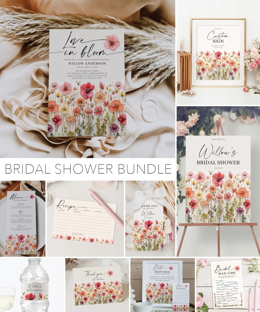 Love in Bloom Bridal Shower Bundle, Bridal Shower Invite, Wildflower Bridal Shower, Flower Stems ...