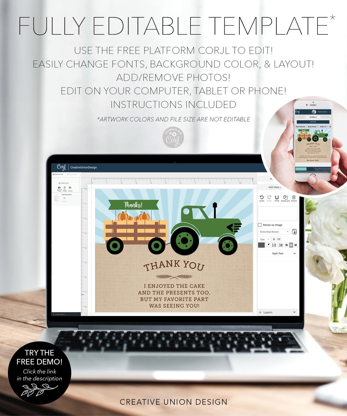 Editable Tractor Birthday Thank You Card Template Printable - Etsy