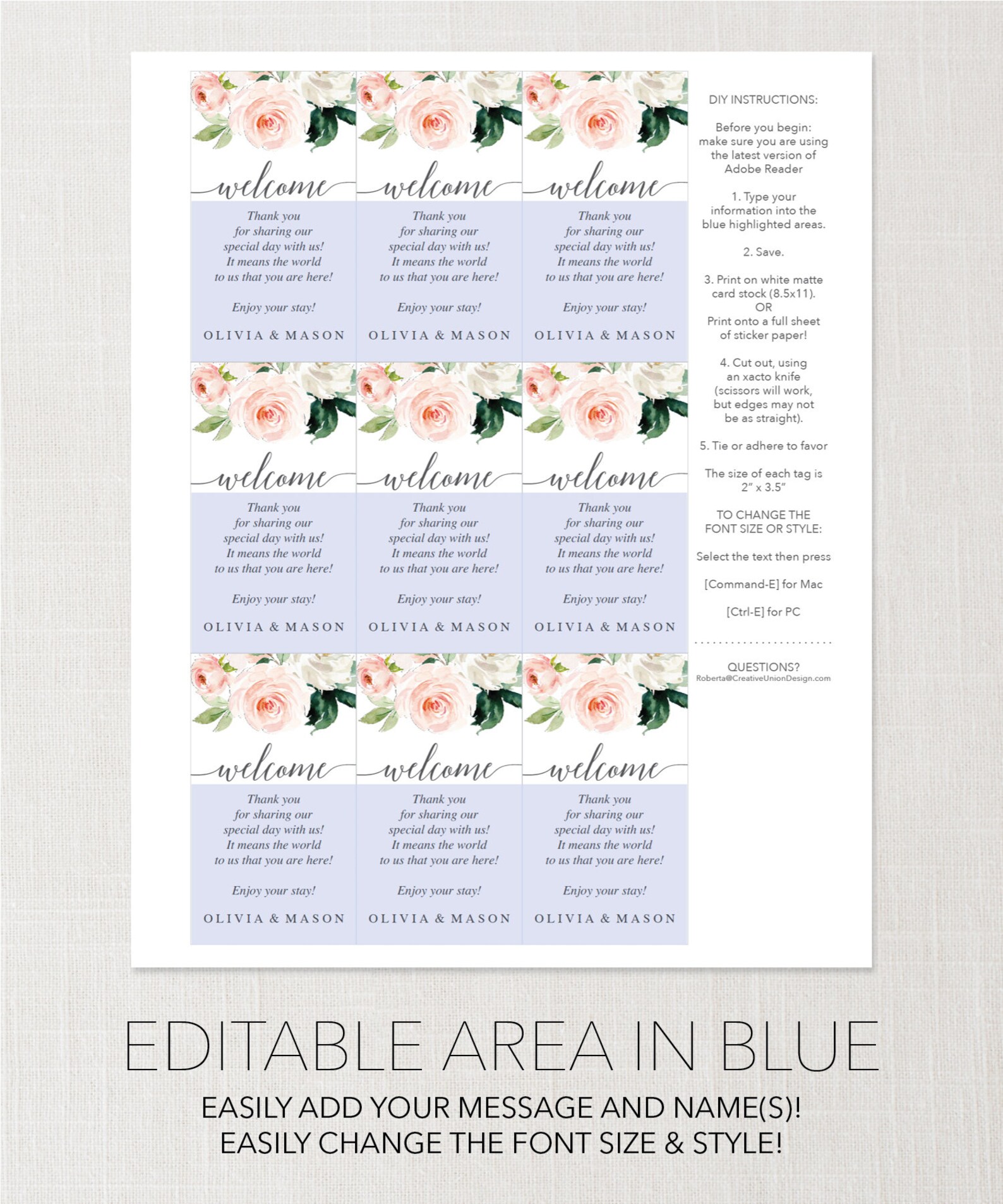 Welcome Tags Editable Tags Printable Favor Tags Wedding - Etsy