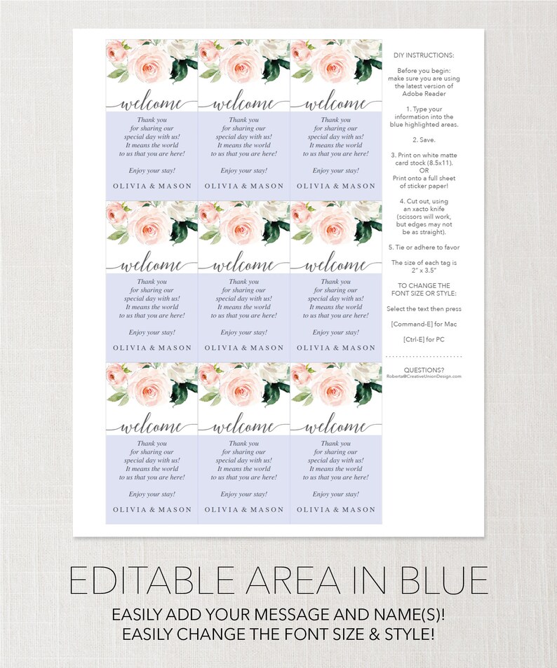 Welcome Tags Editable Tags Printable Favor Tags Wedding - Etsy