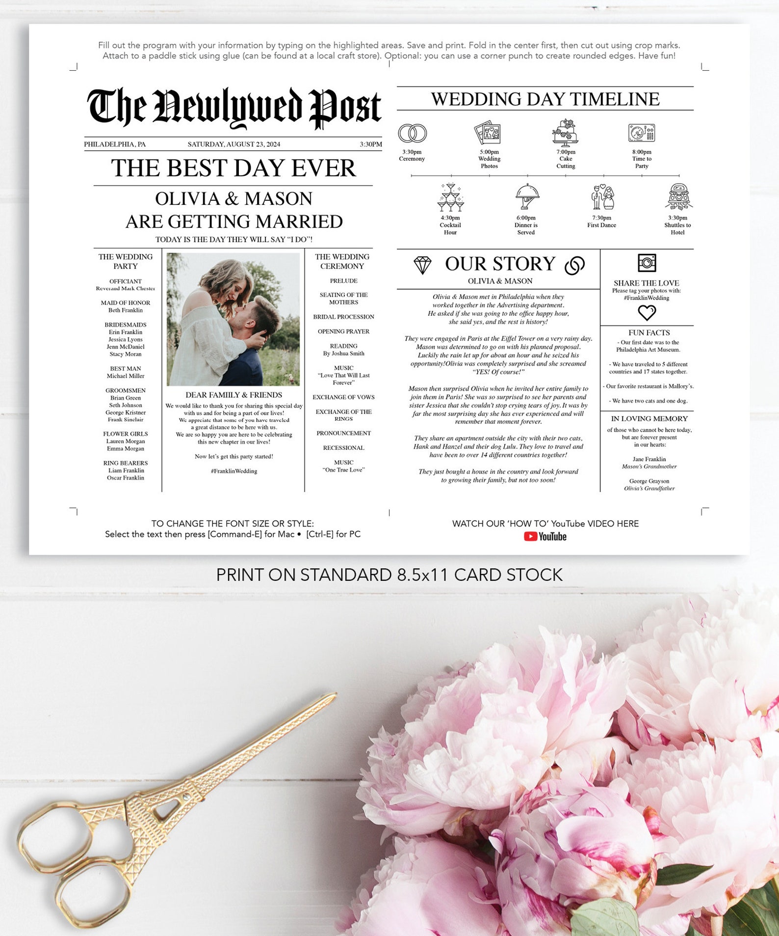 Newspaper Wedding Program Fan With Timeline Printable Program | Etsy