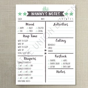 Instant Download - Nanny Notes - Child Care Provider Notes - Baby's ...