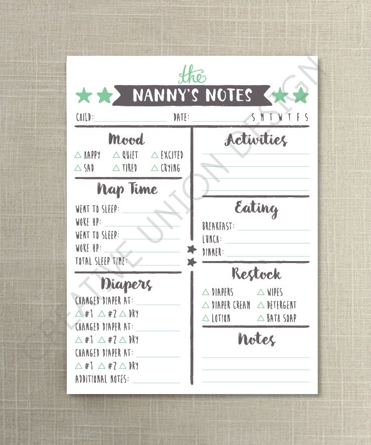 Instant Download - Nanny Notes - Child Care Provider Notes - Baby's ...
