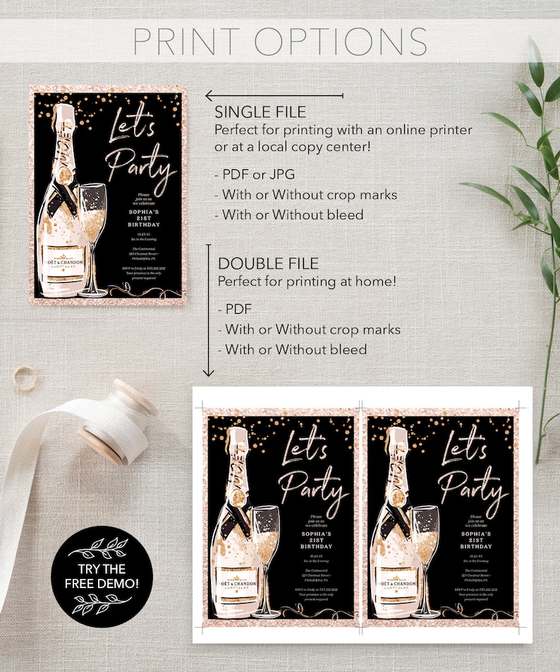 Rose Gold Champagne Birthday Invitation Template 21st - Etsy