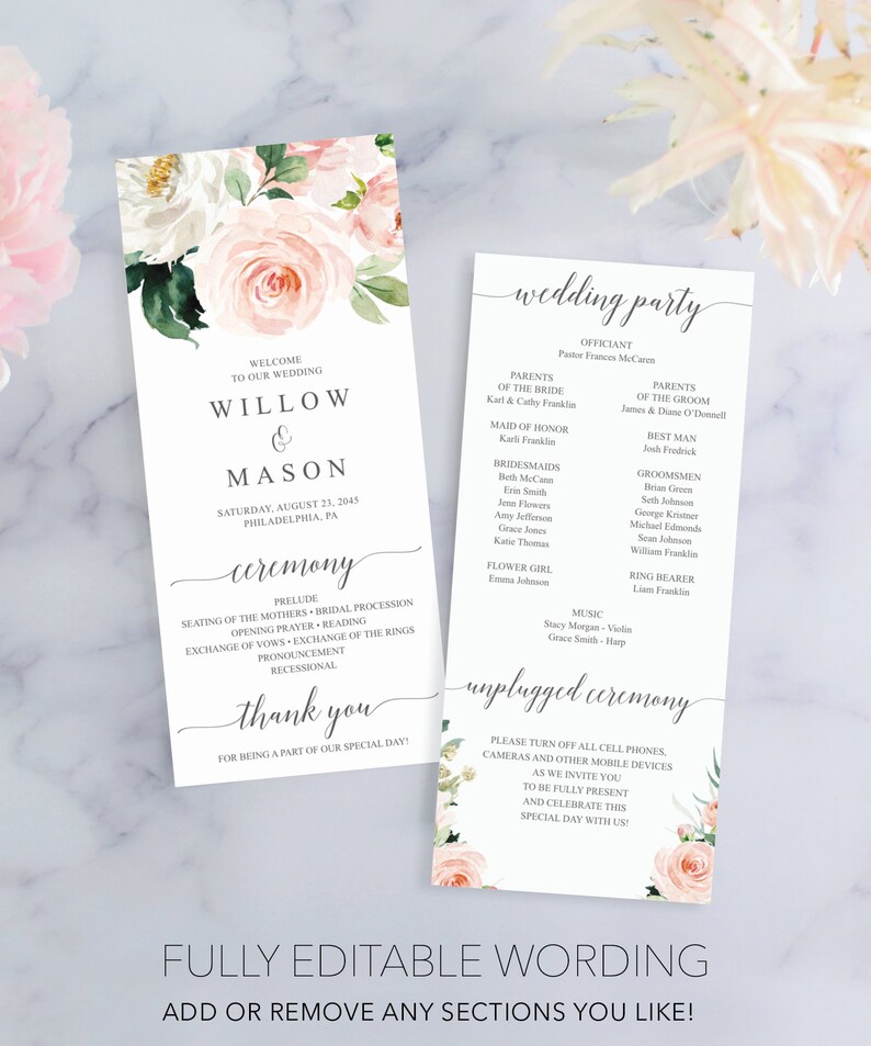 Floral Wedding Program Template Rustic Programs for Wedding | Etsy