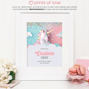 Editable Custom Sign Template, Sparkle Unicorn, Custom Birthday Party ...