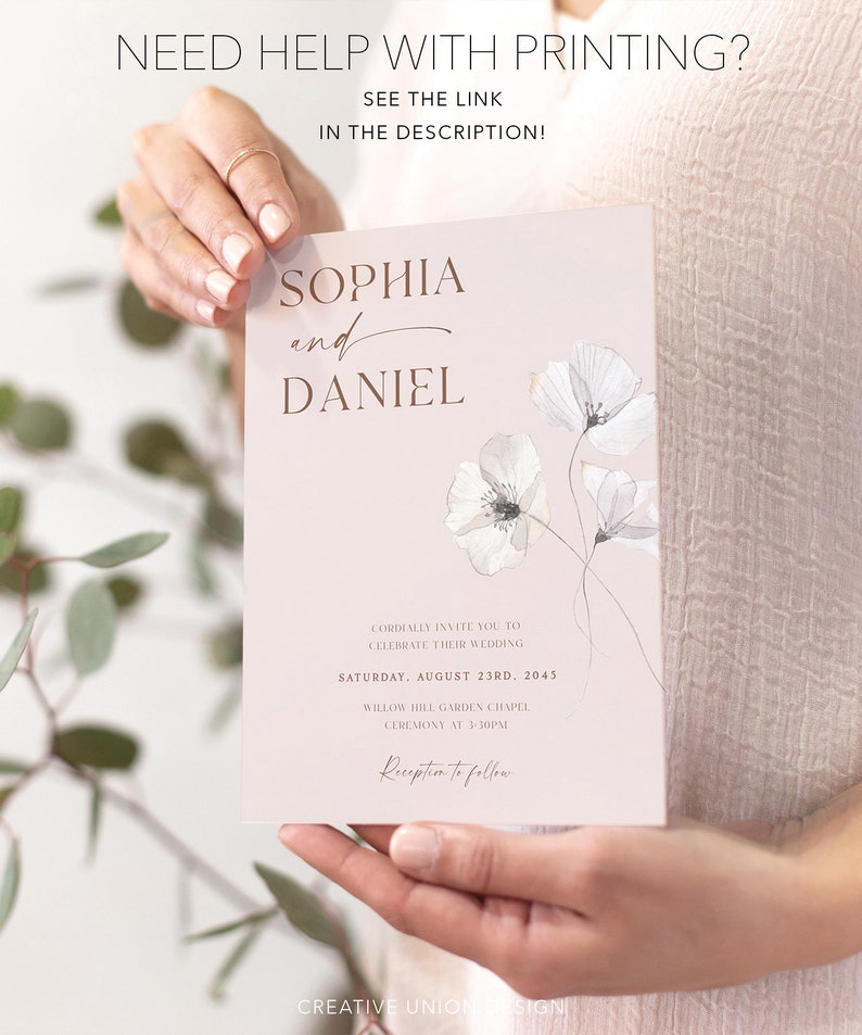 Neutral Minimal Boho Wedding Invitation Template Set, Botanical Floral Wedding Invitation ...