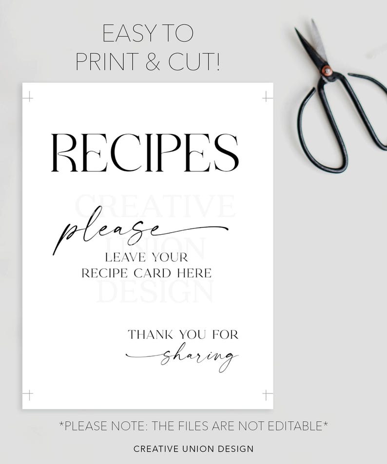 Recipes Table Sign File, Printable Sign, Minimalist Bridal Shower Sign ...