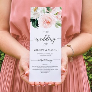Blushing Blooms Wedding Programs Template, 4x9 Wedding Program, Editable Wedding Program ...