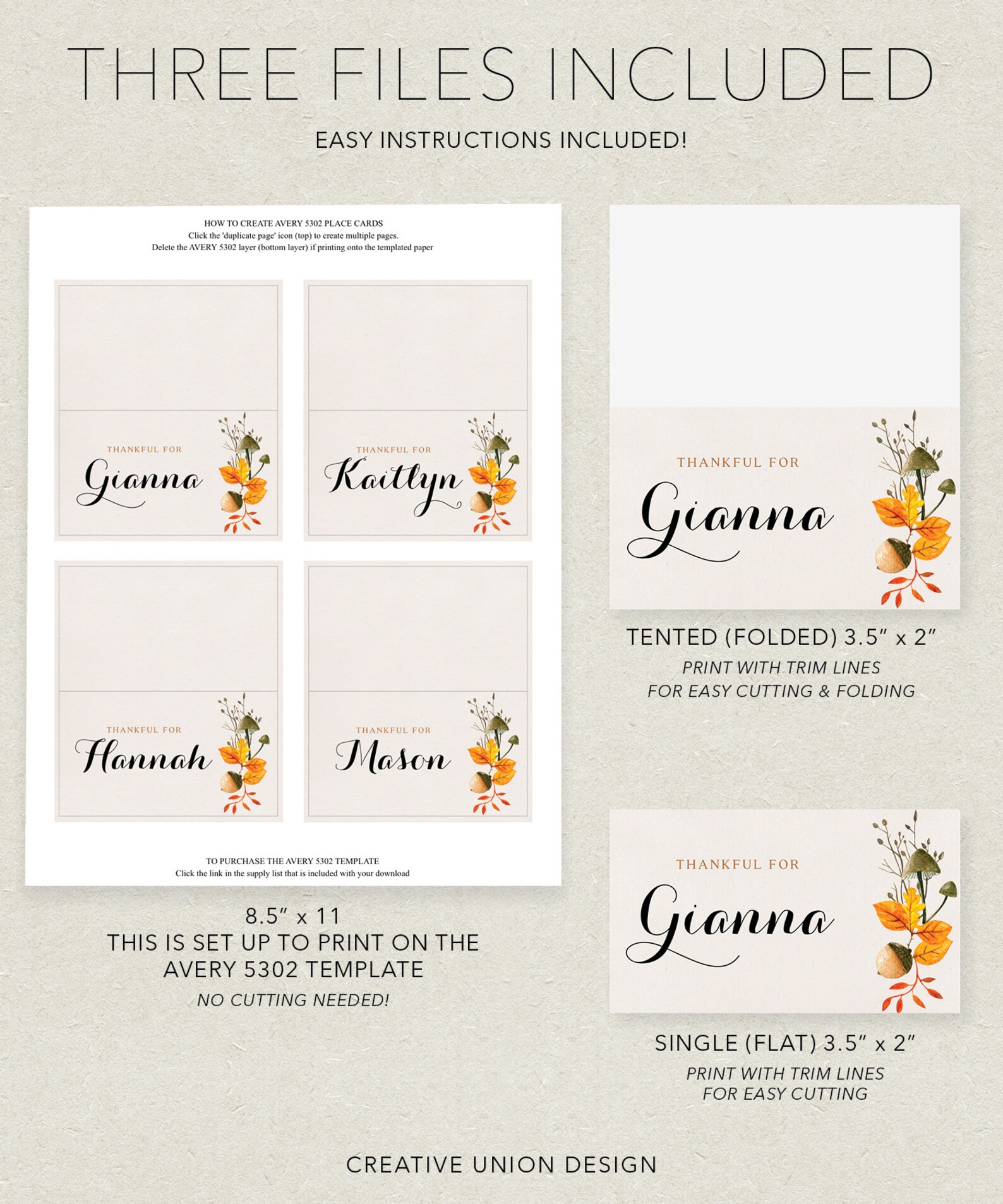 Thanksgiving Place Card Template, Fall Place Cards, Printable Seating ...