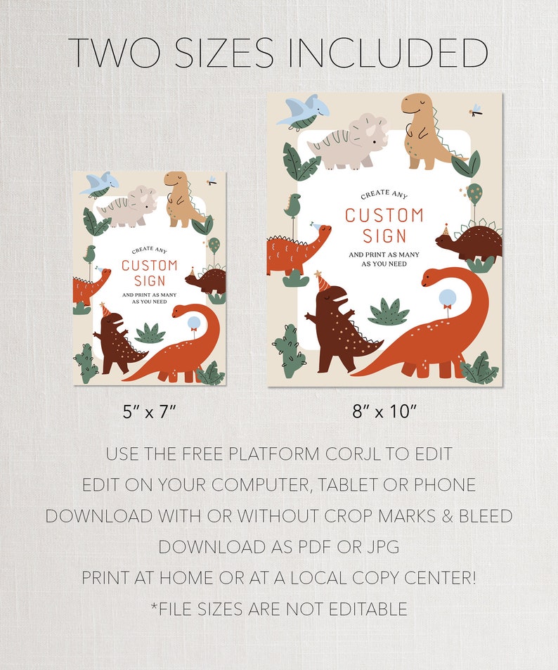 Editable Custom Sign Template Cute Dinosaur Sign Favors - Etsy