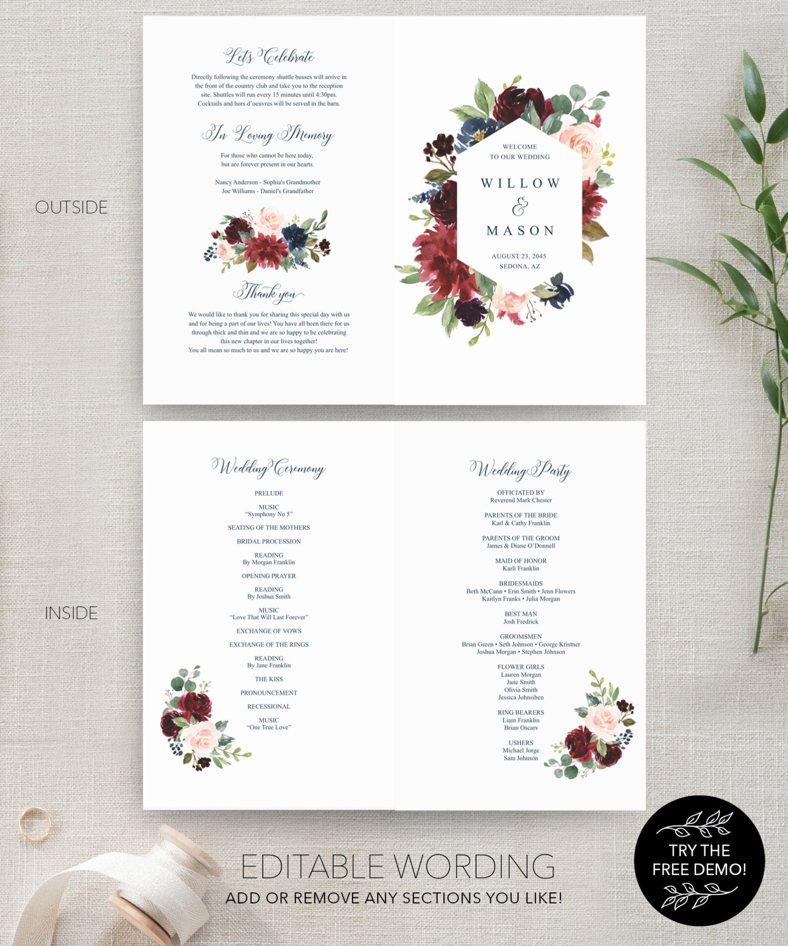 Fall Folded Wedding Program Template, Printable Wedding Program ...