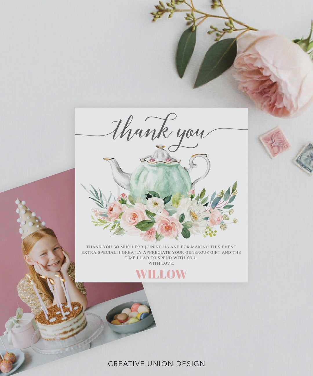 Birthday Tea Party Thank You Card Template, Printable Thank You Square ...