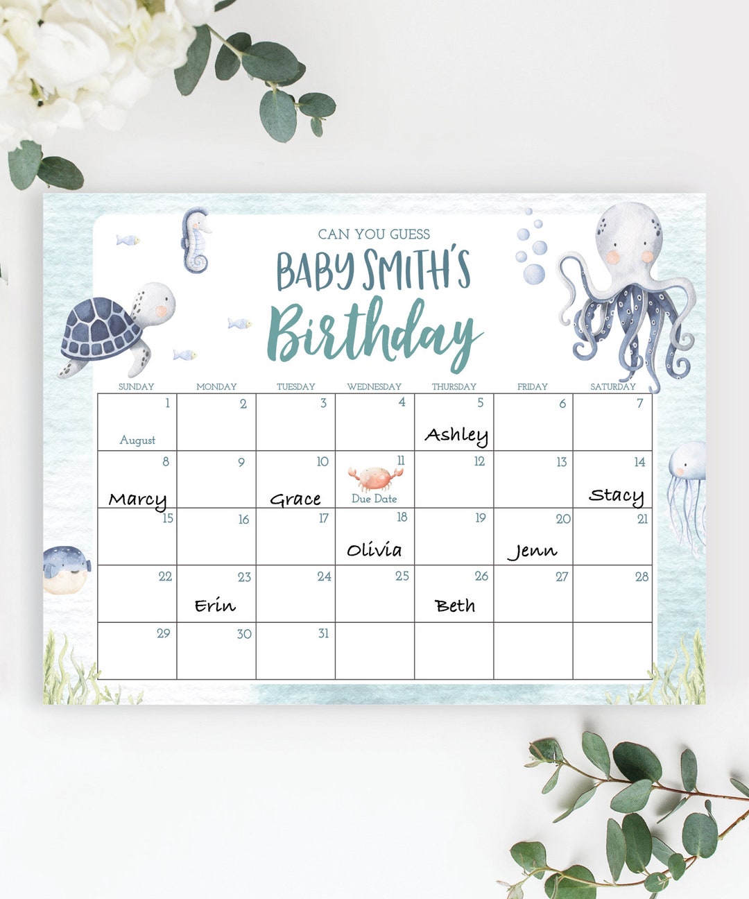 Under the Sea Baby Due Date Calendar Sign Template, Guess the Birthday ...