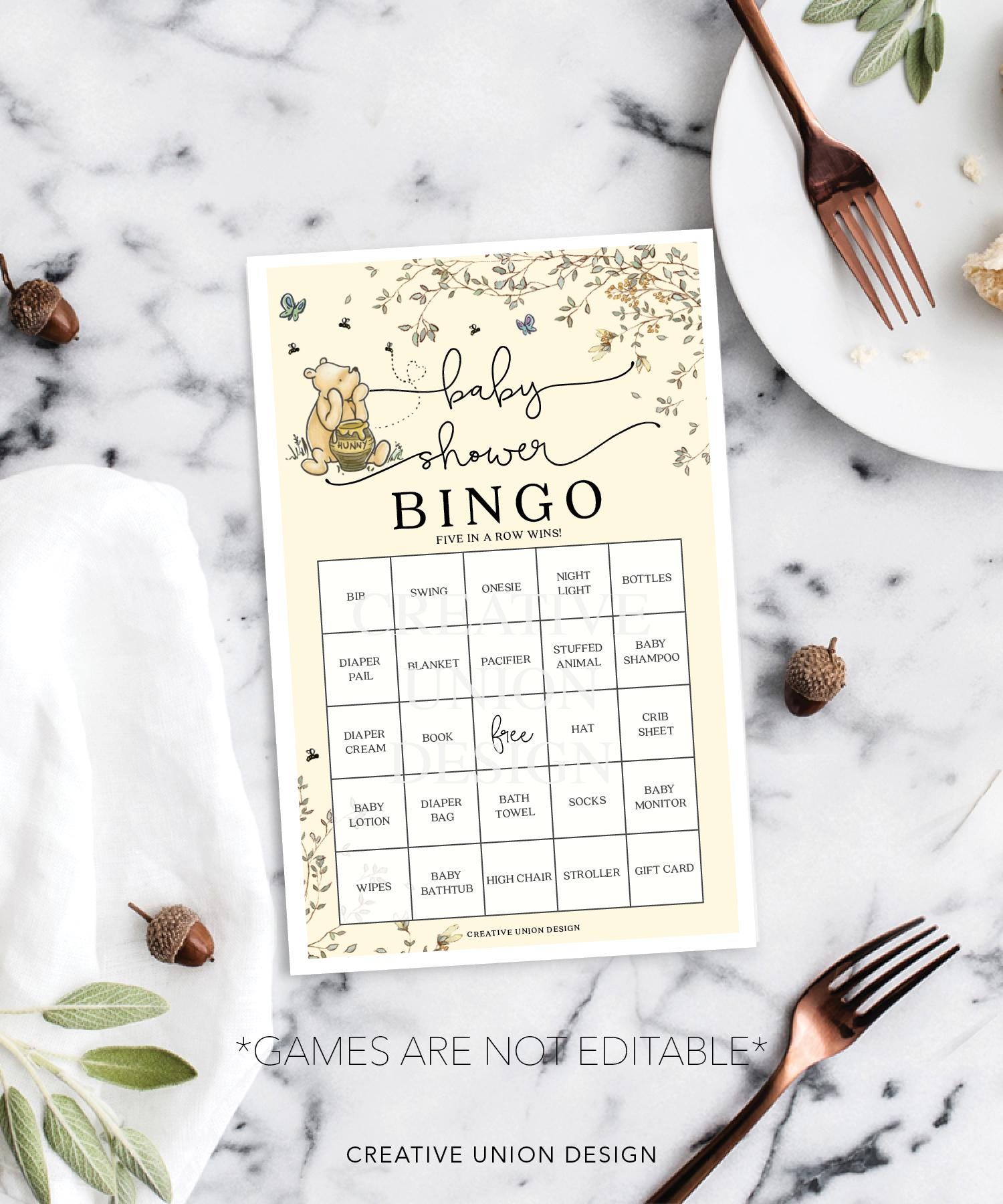Winnie the Pooh Baby Shower Bingo 60 Unique Game Sheets Baby Shower ...