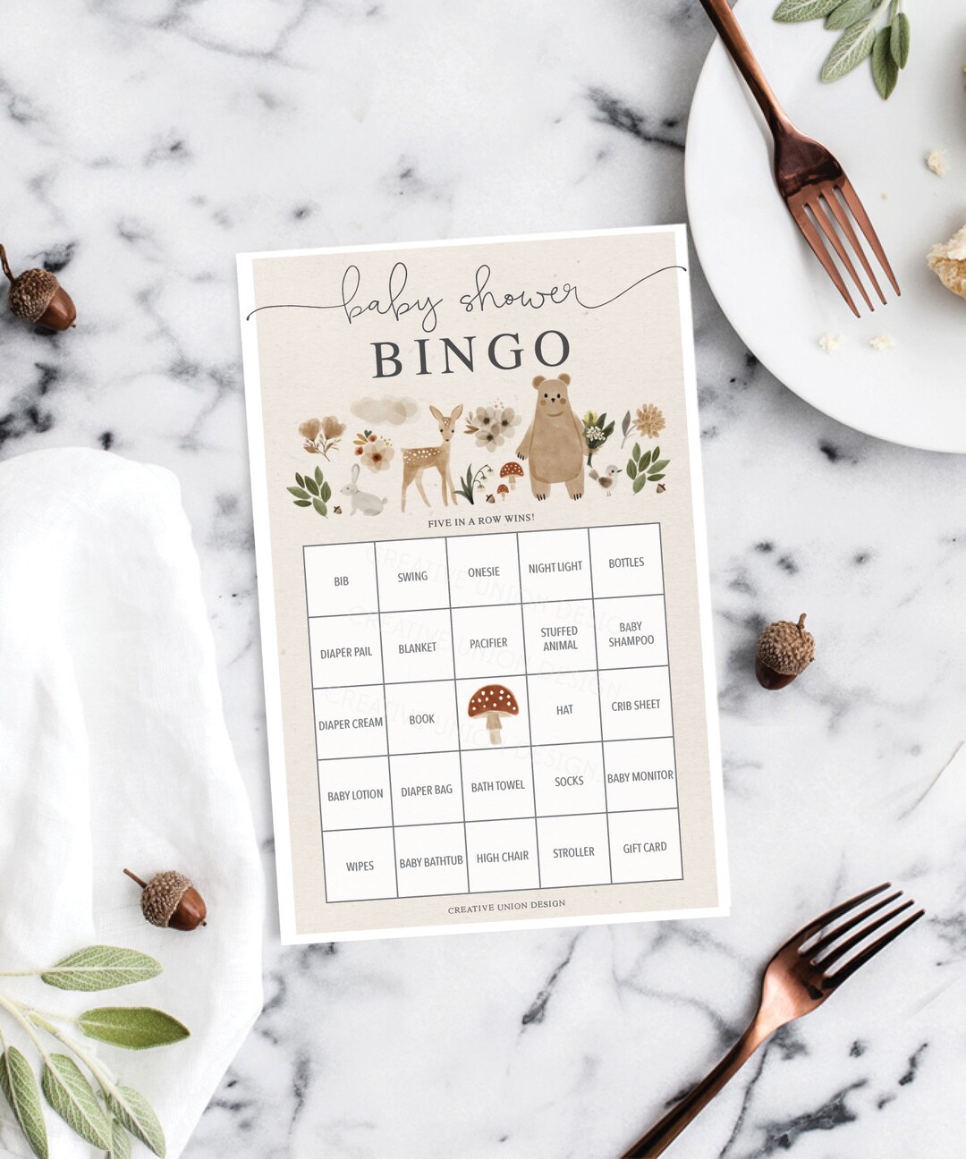 Woodland Baby Shower Bingo, 60 Unique Game Sheets, Baby Shower Games ...