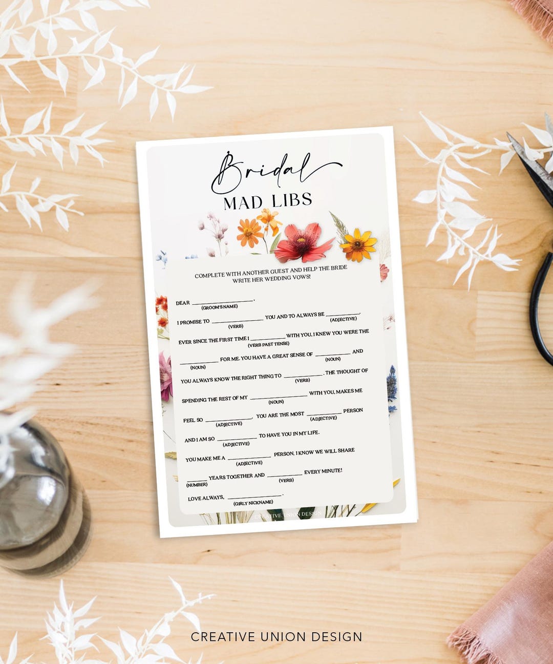 Wildflower Bridal Shower Game Mad Libs Game Colorful Flower Couples ...