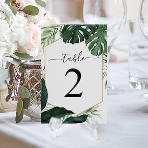 Tropical Monstera Wedding Table Numbers, Wedding Table Number Template ...