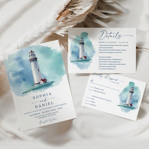Lighthouse Wedding Invitations Template, Printable Wedding Invitation ...