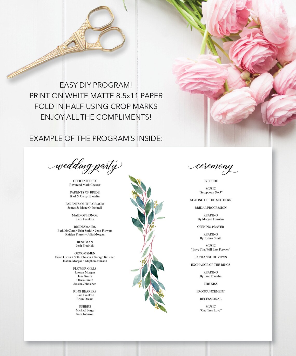 Folded Wedding Program Template Printable Greenery Wedding | Etsy