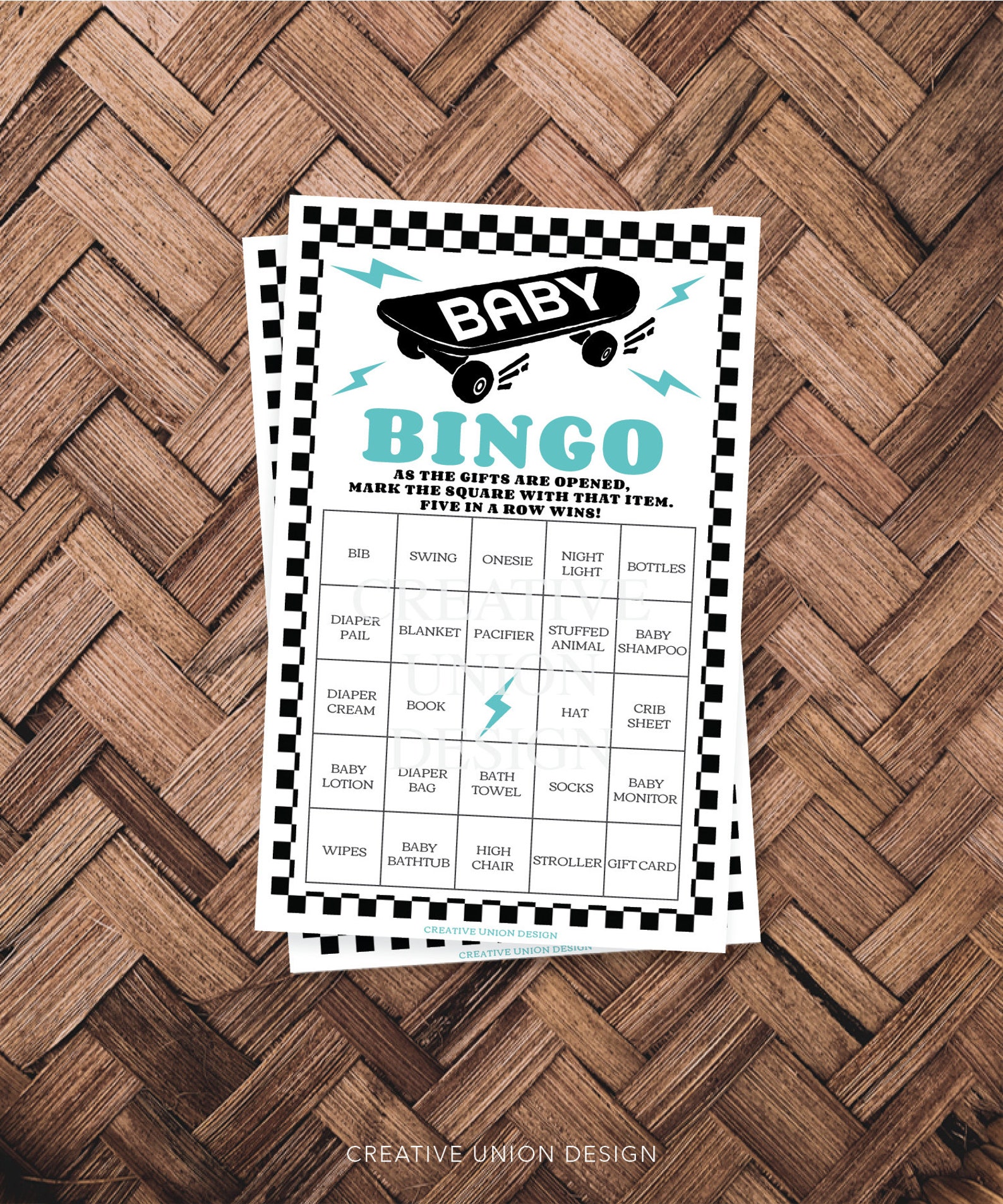 Skateboard Boy Baby Shower Bingo 60 Unique Game Sheets Blue Baby Shower ...