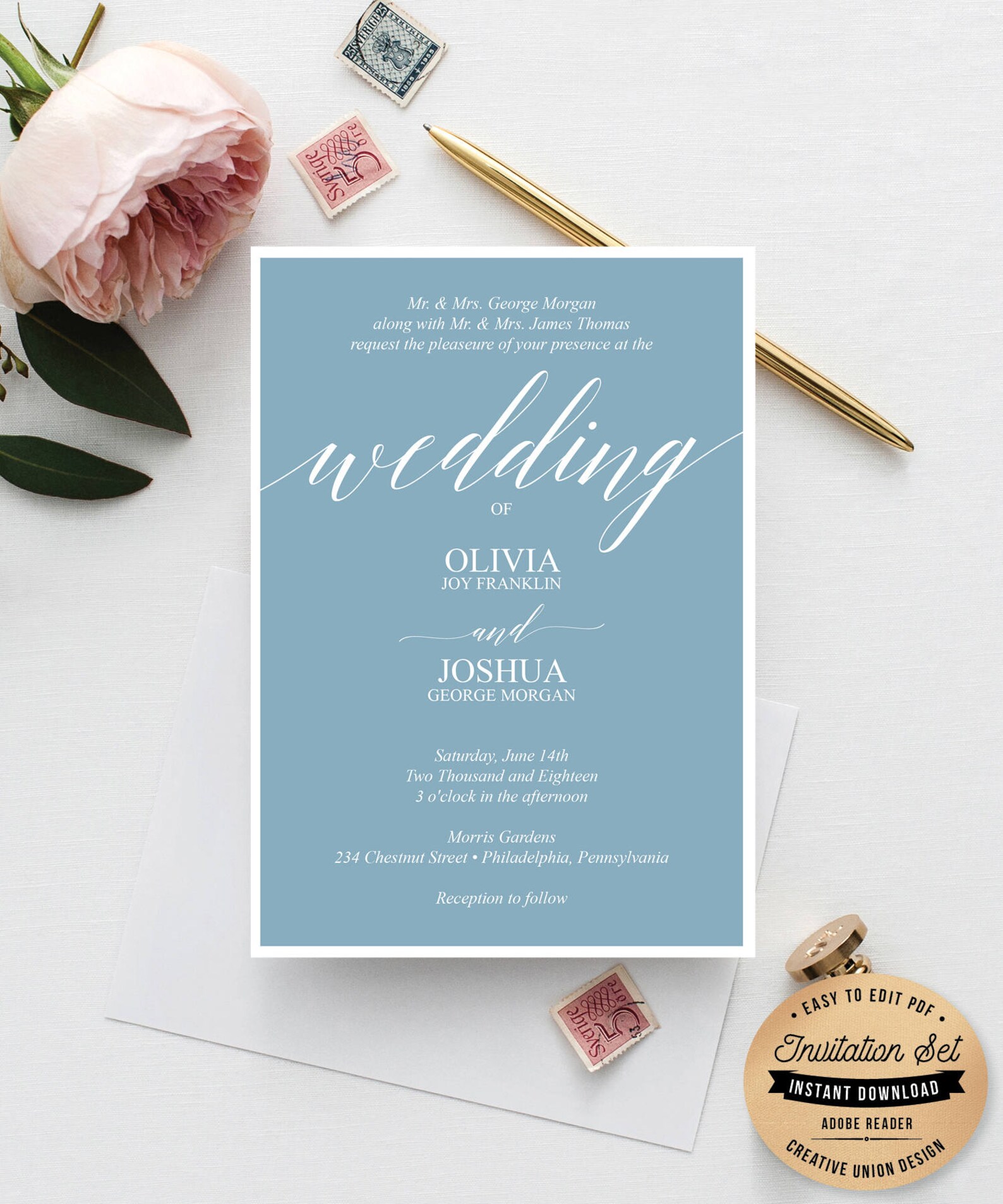 Dusty Blue Wedding Invitations Template Wedding Invite | Etsy