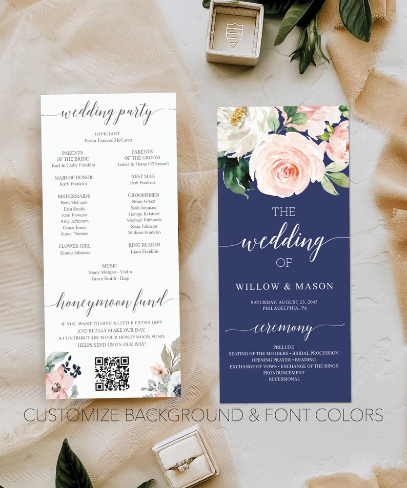 Blushing Blooms Wedding Programs Template 4x9 Wedding - Etsy