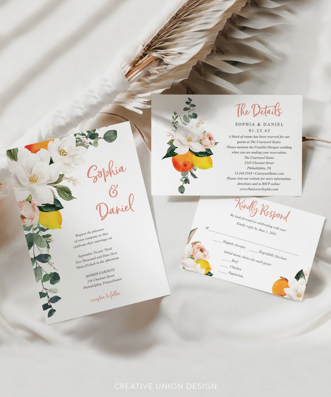 Magnolia Citrus Wedding Invitation Set Template, Wedding Invite ...