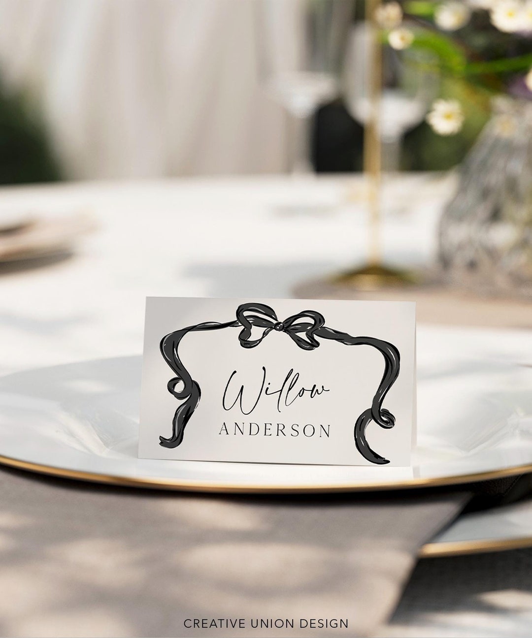 Black Bow Place Card Template, Wedding Place Cards, Printable Seating ...