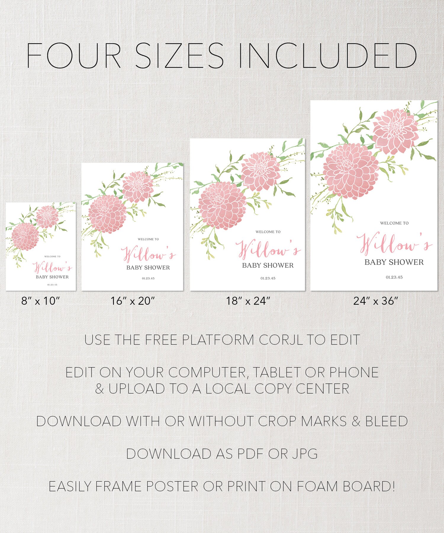 Editable Dahlia Welcome Sign Template, Printable Baby Shower Welcome ...