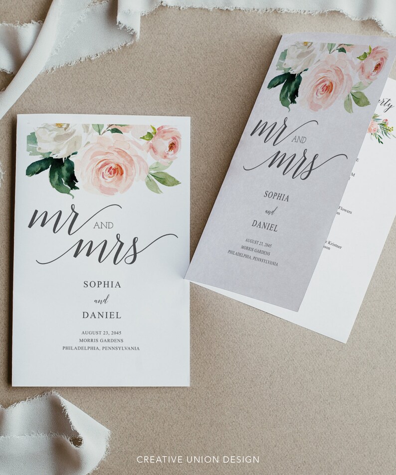 Floral Bifold Wedding Program Template, Printable Wedding Program ...