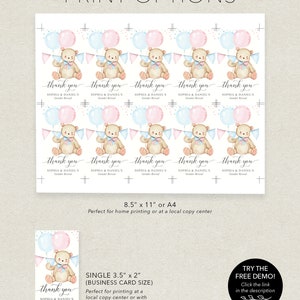 Teddy Bear Favor Tag for Baby Shower or Gender Reveal, Editable Thank ...