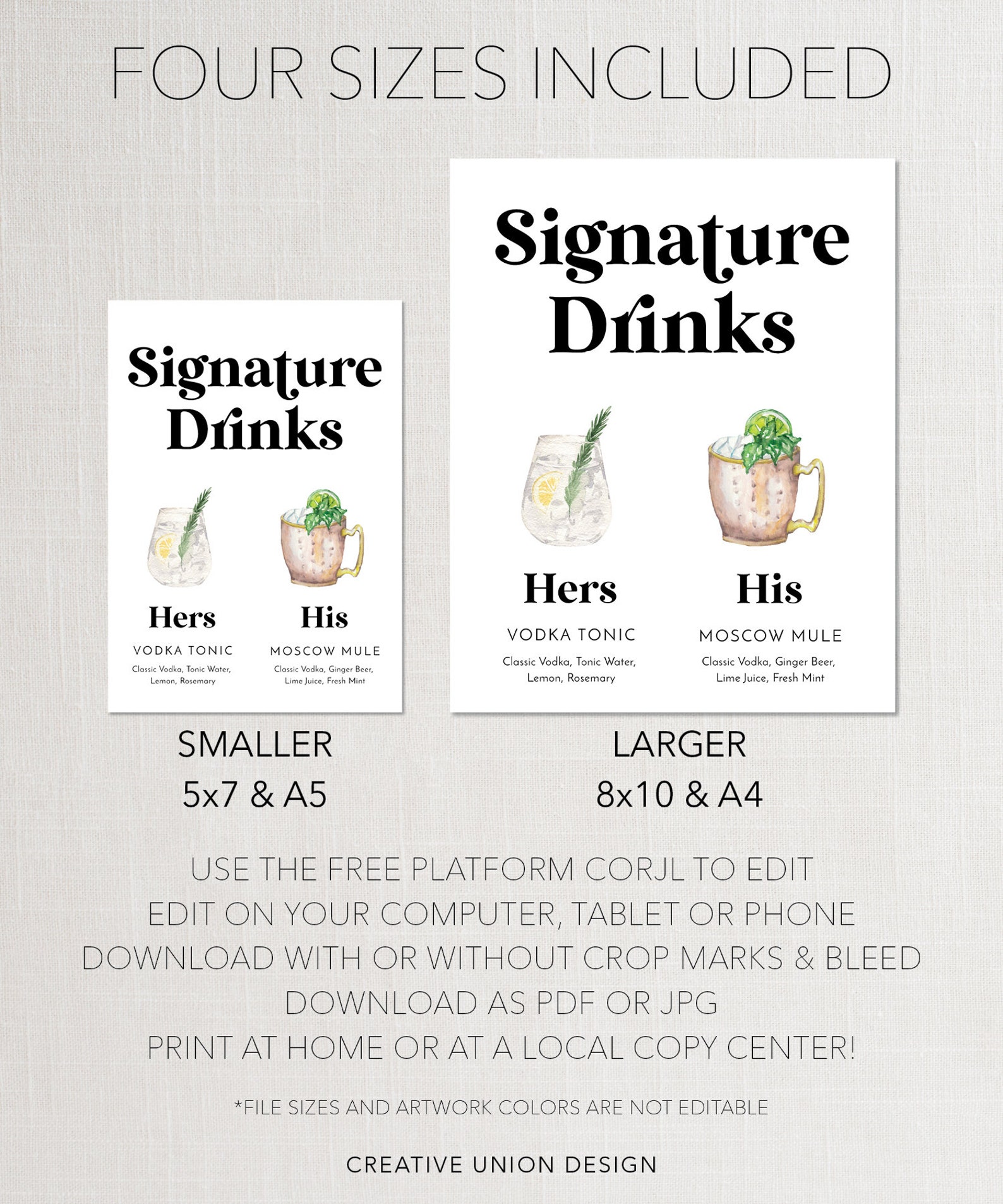 Signature Drink Sign Template, Printable Signature Cocktail Sign, His ...
