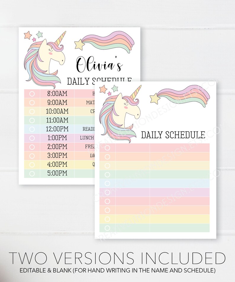 Editable Daily Schedule for Kids Unicorn Daily Routine | Etsy