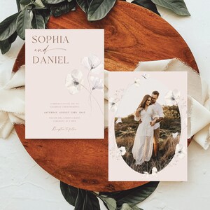 Neutral Minimal Boho Wedding Invitation Template Set, Botanical Floral Wedding Invitation ...