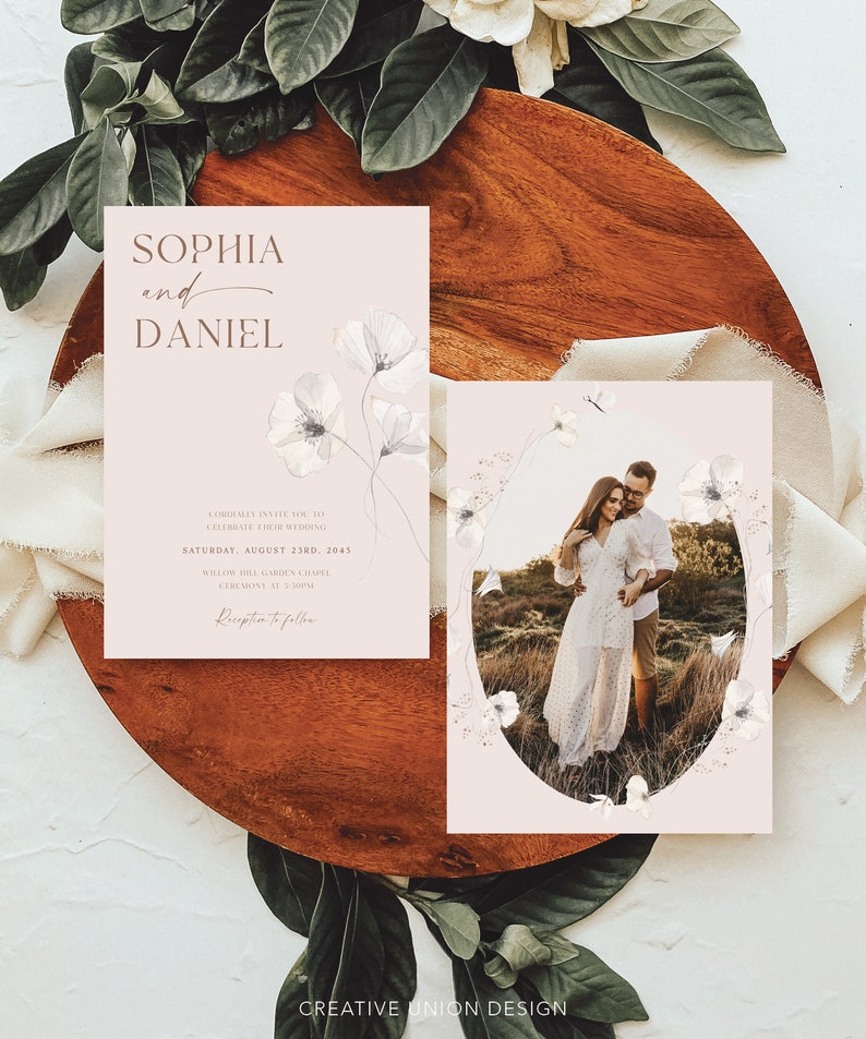 Neutral Minimal Boho Wedding Invitation Template Set, Botanical Floral Wedding Invitation ...