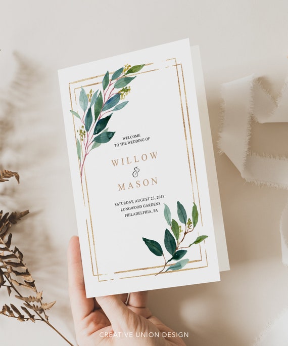 Folded Wedding Program Template, Printable Greenery Wedding Program, Editable Wedding Ceremony ...